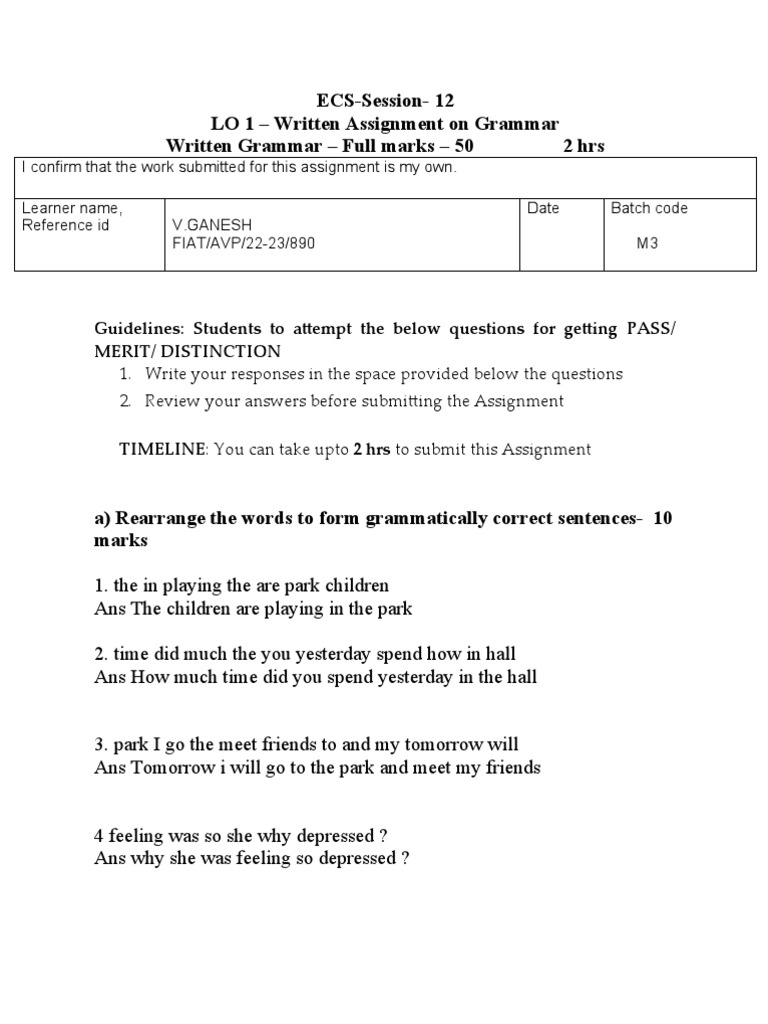 Mastering Grammar: A Comprehensive Assignment on Parts of Speech, Tense ...