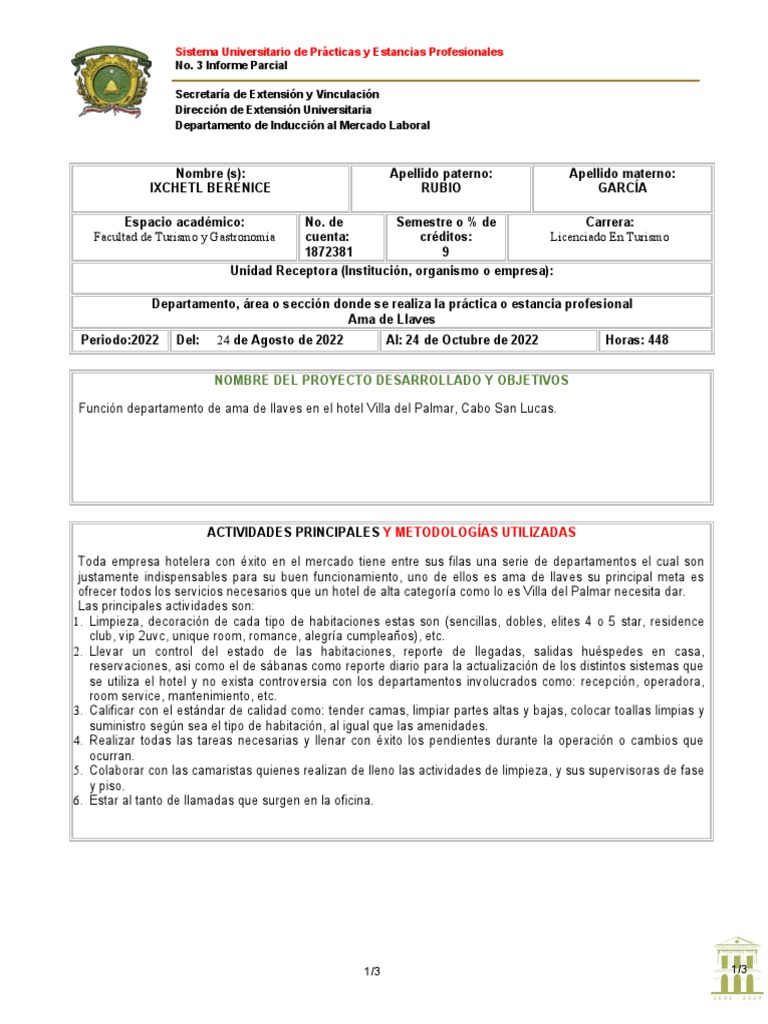 No.3 INFORME PARCIAL DE PRÁCTICAS O ESTANCIAS PROFESIONALES. 2 | PDF | Hotel