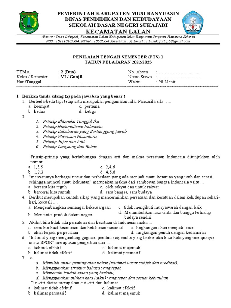 SOAL PTS KELAS 6 Tema 2 | PDF