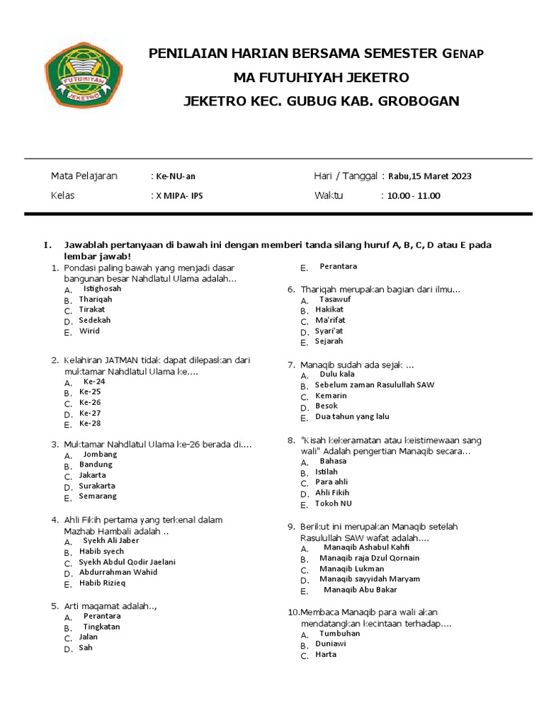 FORM PHB Genap Ke-Nu-an X | PDF