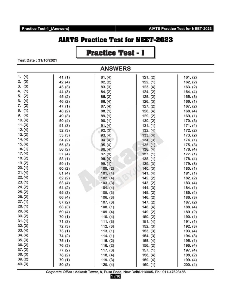 AIATS - TYM-2023 - Practice Test-01 - Code-C - (31-10-2021) - Answer | PDF