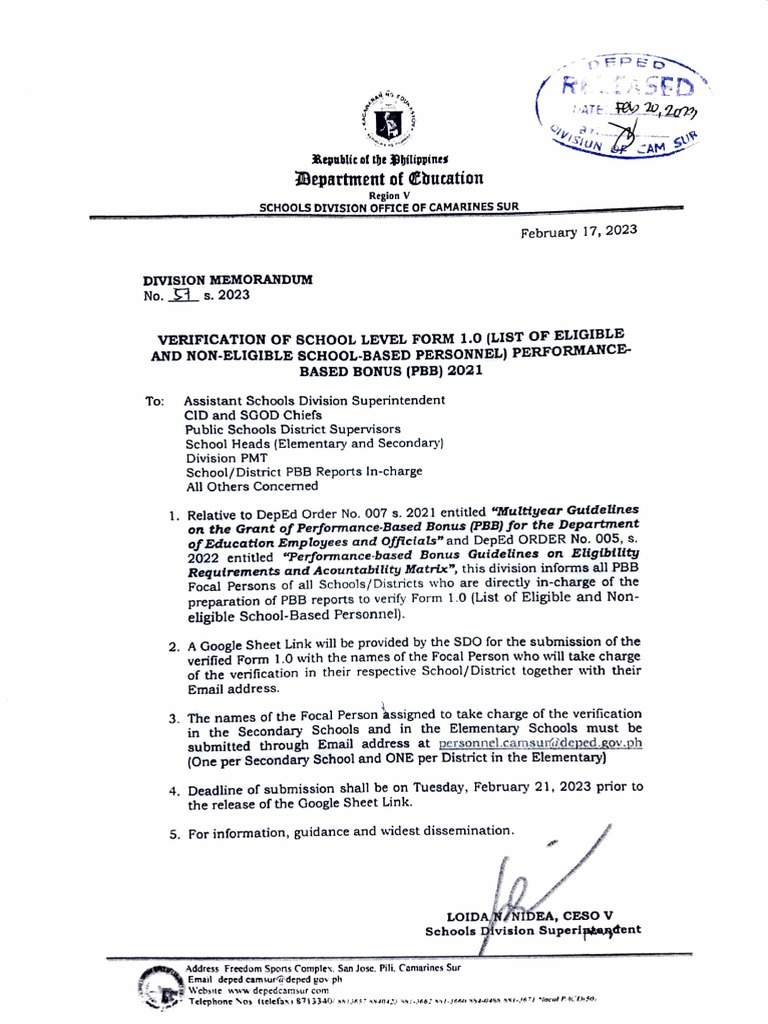 Verification of School Level Form 1.0 for the Performance-Based Bonus ...
