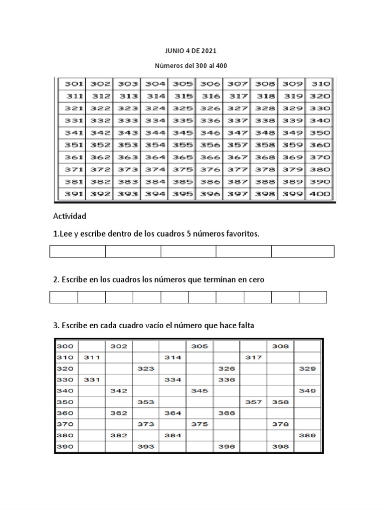 Actividades con Números del 300 al 400 | PDF