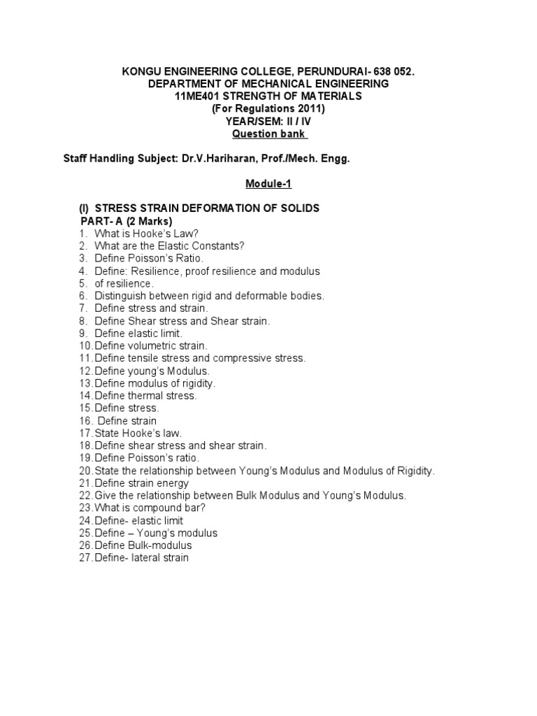SOM Question Bank | PDF | Bending | Stress (Mechanics)