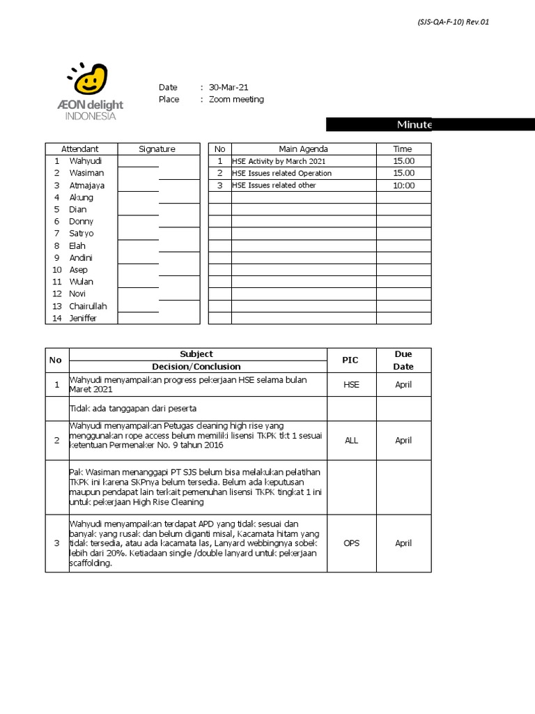 MoM P2K3 Meeting - Maret 2021 | PDF