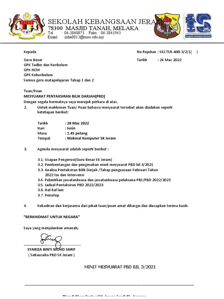 Surat Jemputan Mesyuarat PBD Kali Pertama 2022 - 2023 Dan Minit ...