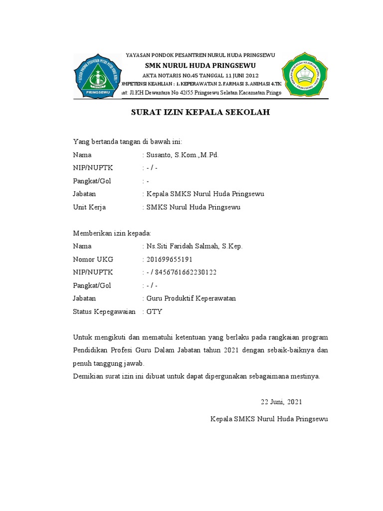 Surat Izin Kepala Sekolah Calon Peserta PPG | PDF