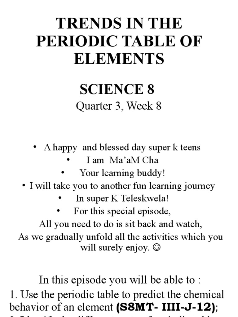 Science 8, Quarter 3, Week 8 | PDF | Periodic Table | Metals