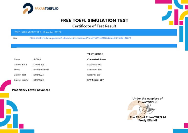 Sertifikat TOEFL Simulation 129 | PDF