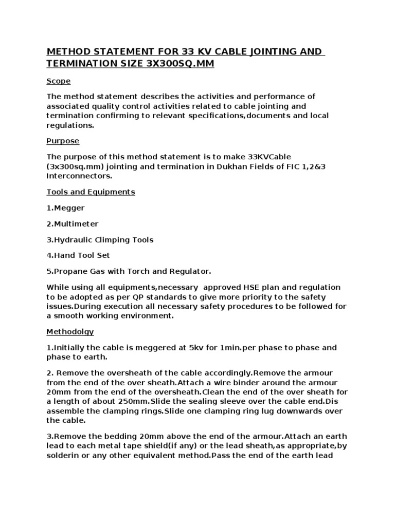 Method Statement For 33 KV Cable Termination Size 3x300sq | PDF | Wire | Cable