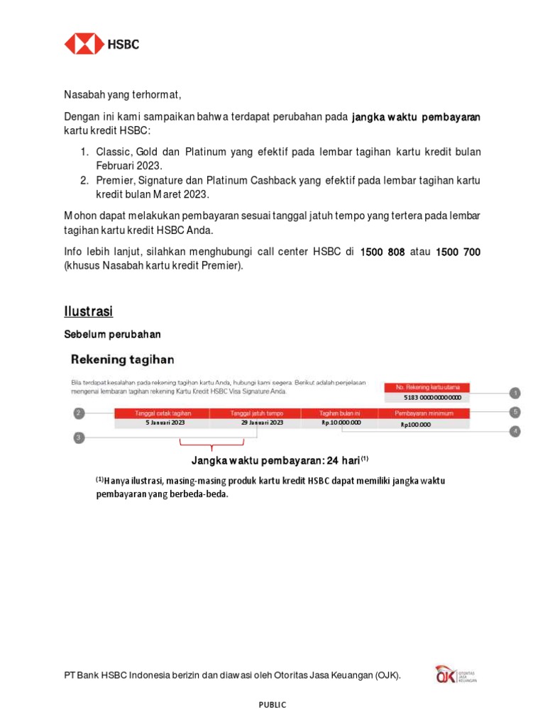 Perubahan Tanggal Cetak Dan Jangka Waktu Pembayaran Kartu Kredit HSBC | PDF