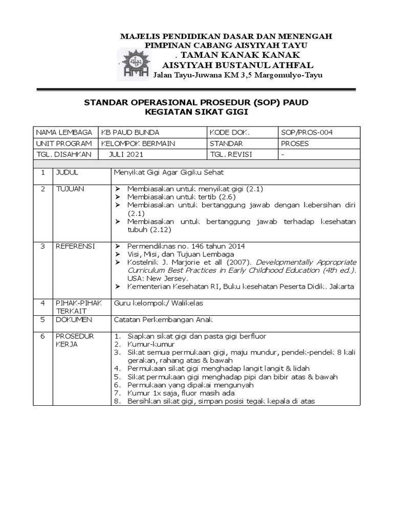 4 Sop Paud Kegiatan Sikat Gigi | PDF | Kesehatan Holistik