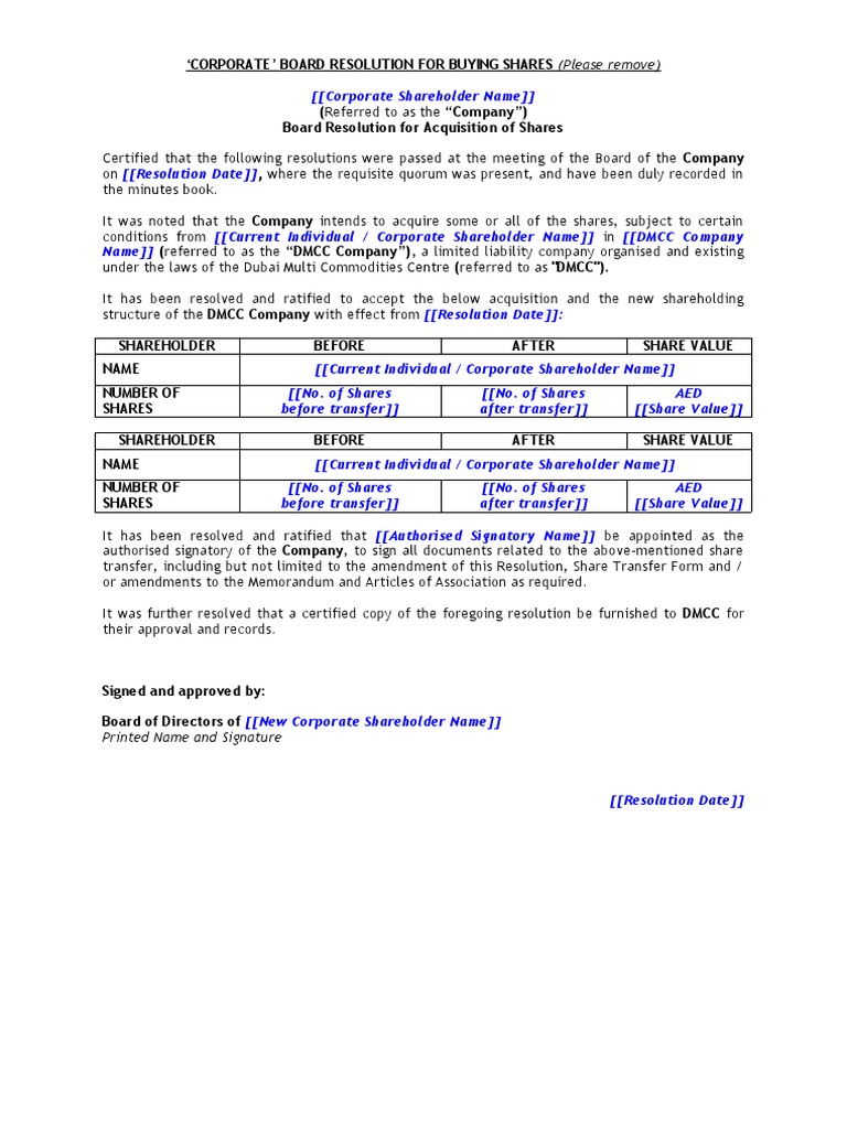 Board Resolution for Share Acquisition | PDF | Shareholders | Articles ...