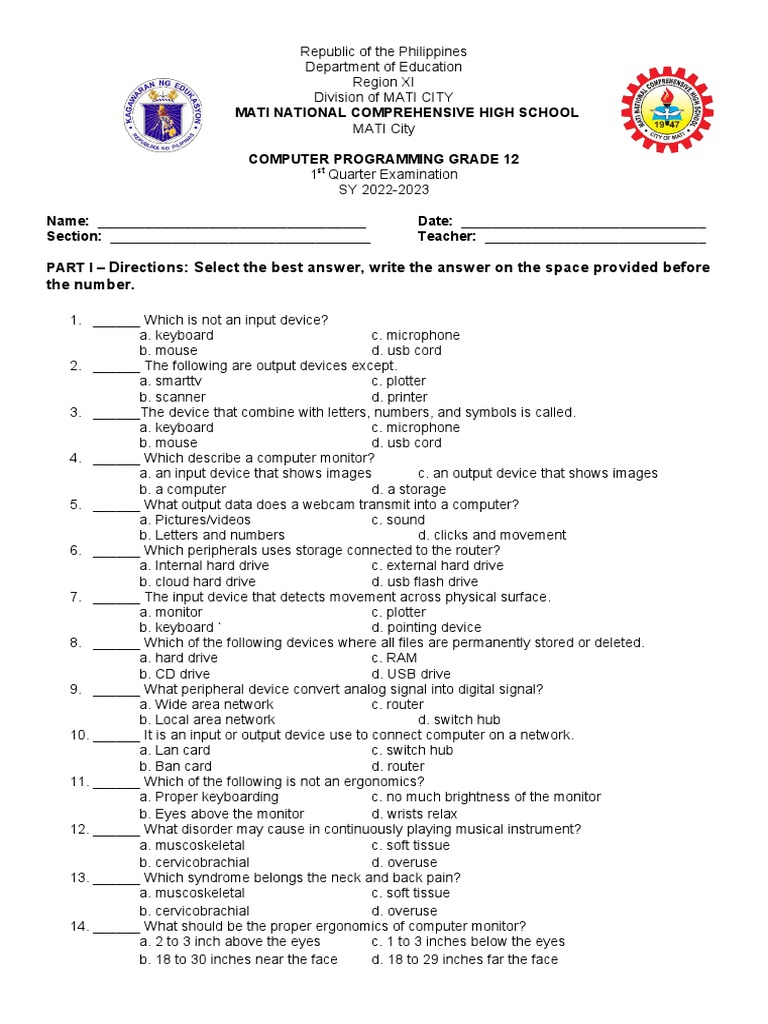 2022-2023-1st-Quarter-Exam-Computer Programming Grade 12-1920 | PDF ...