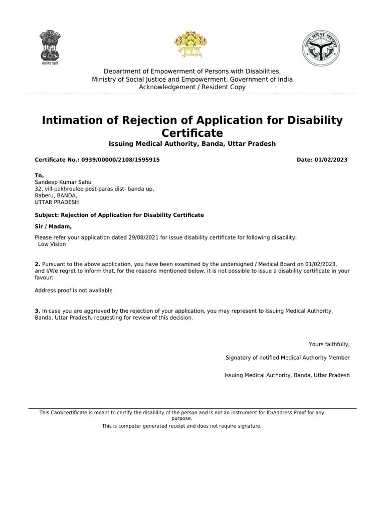 Disability Certificate Application Rejection | PDF