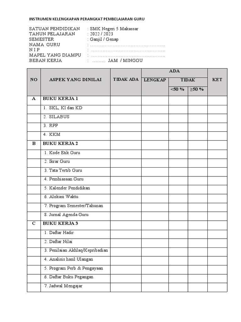 Instrumen Kelengkapan Perangkat Pembelajaran Guru | PDF