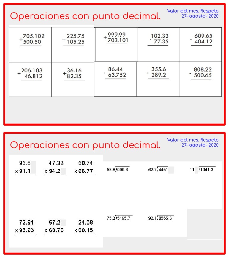 Operaciones Con Punto Decimal | PDF