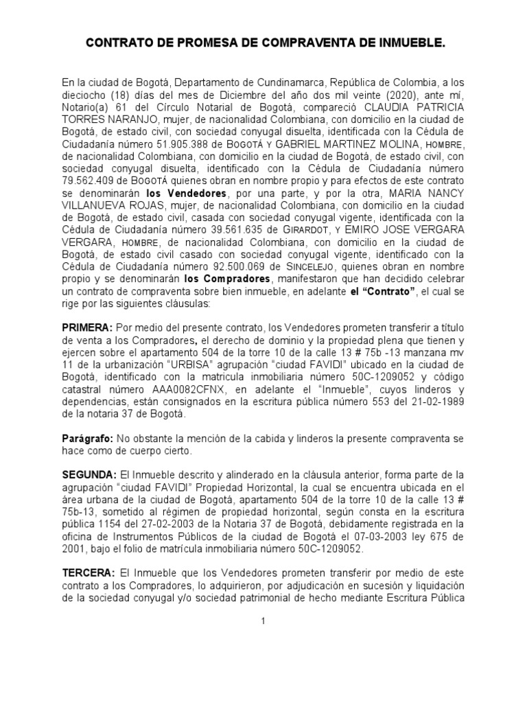 Contrato de Promesa de Compraventa de Inmueble | Descargar gratis PDF | Derecho civil (sistema ...
