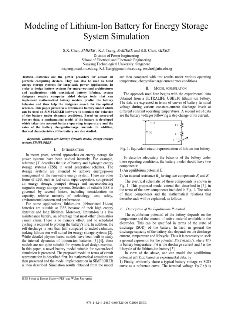 Modeling Of Lithium Ion Battery For Energy Storage System Simulation