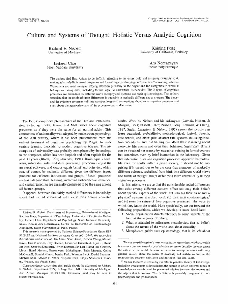 Culture And Systems Of Thought Holistic Versus Analytic Cognition