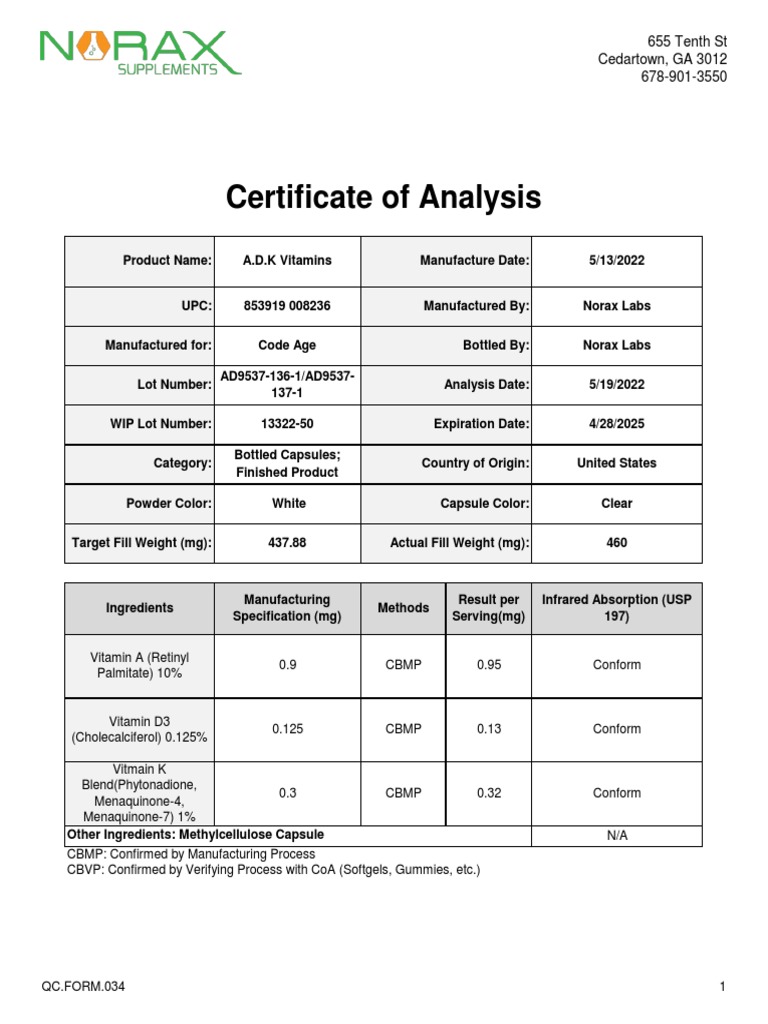Cofa ADK (309537) (AD9537-136-1) | PDF | Nutrition | Diet & Nutrition