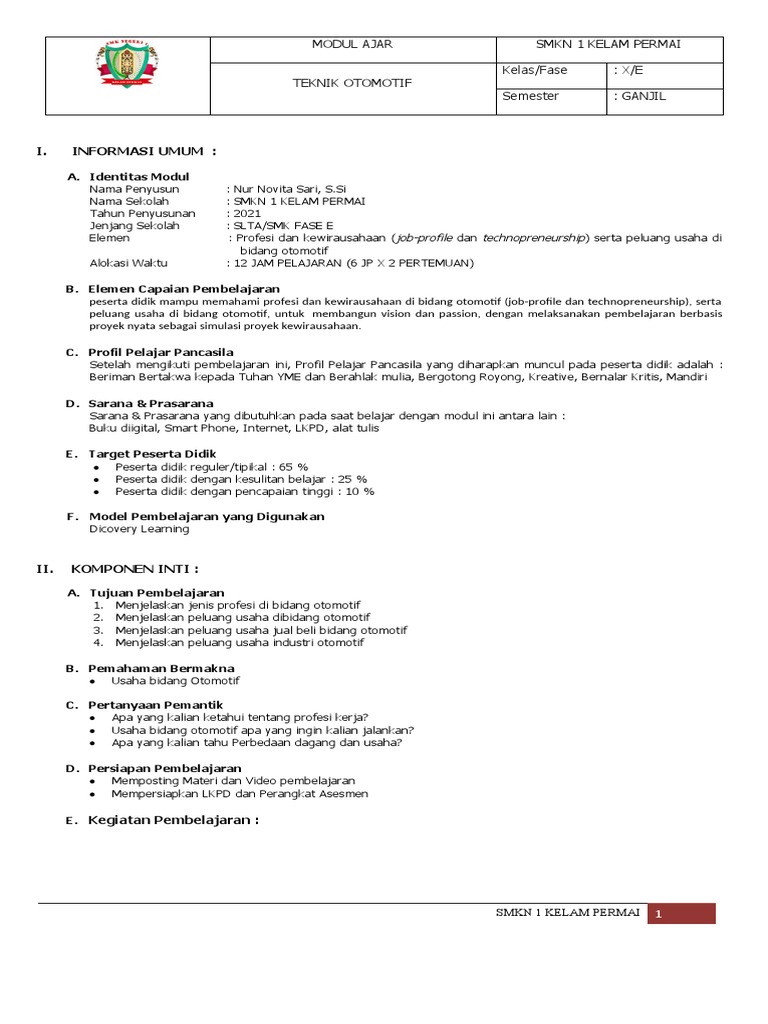 MODUL AJAR 1 - Profesi Dan Kewirausahaan | PDF