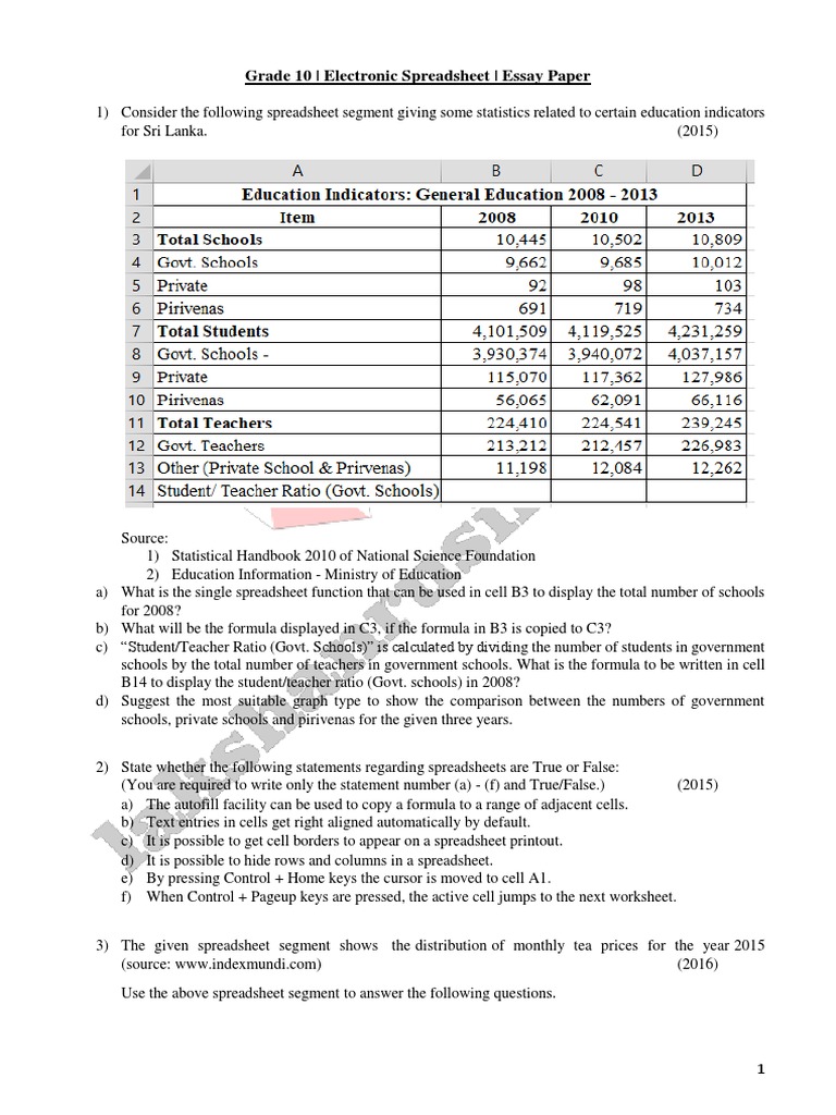 Grade 10 - Electronic Spreadsheet - Essay Paper | PDF | Spreadsheet | Standard Score