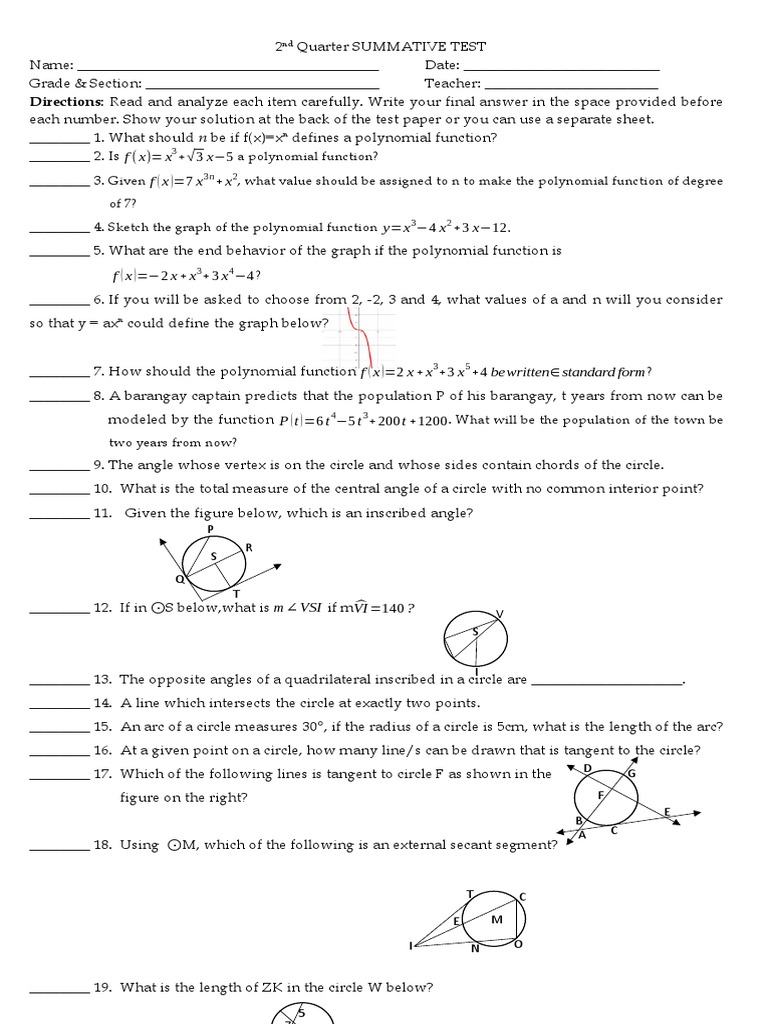 Summative Test 2nd Quarter | PDF | Circle | Function (Mathematics)