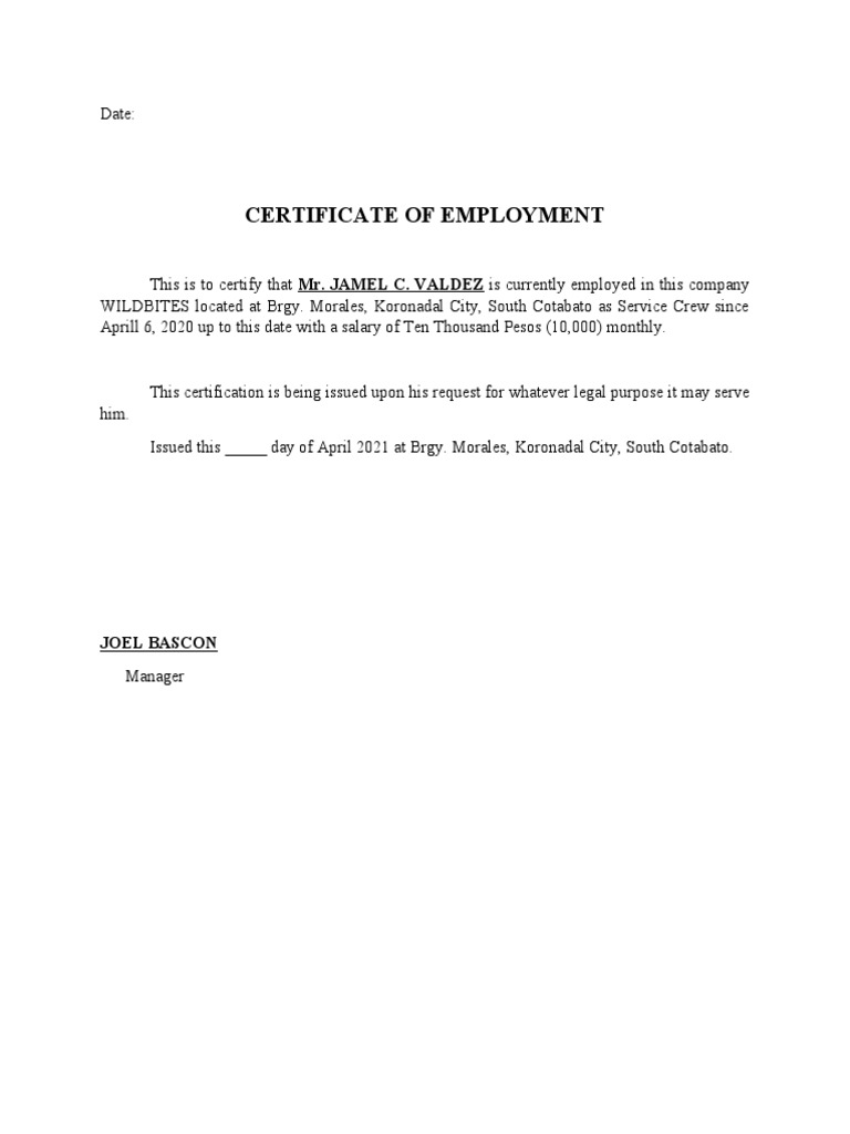 Certificate of Employment: Joel Bascon | PDF