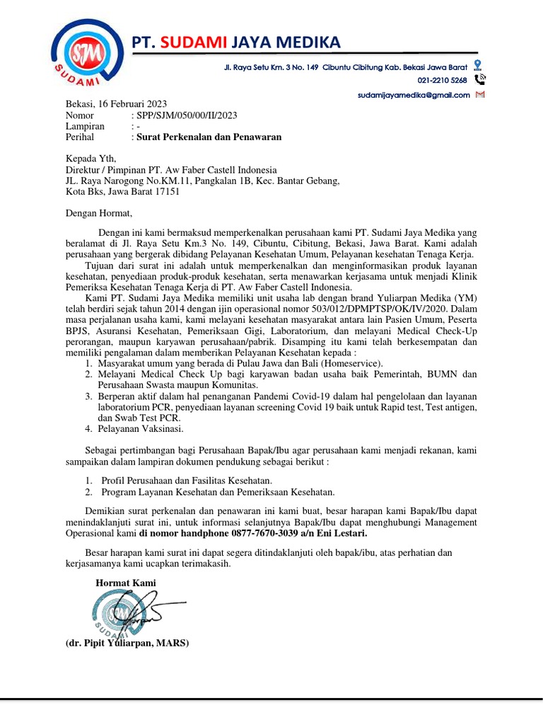 Surat Perkenalan PT. Sudami Jaya Medika | PDF
