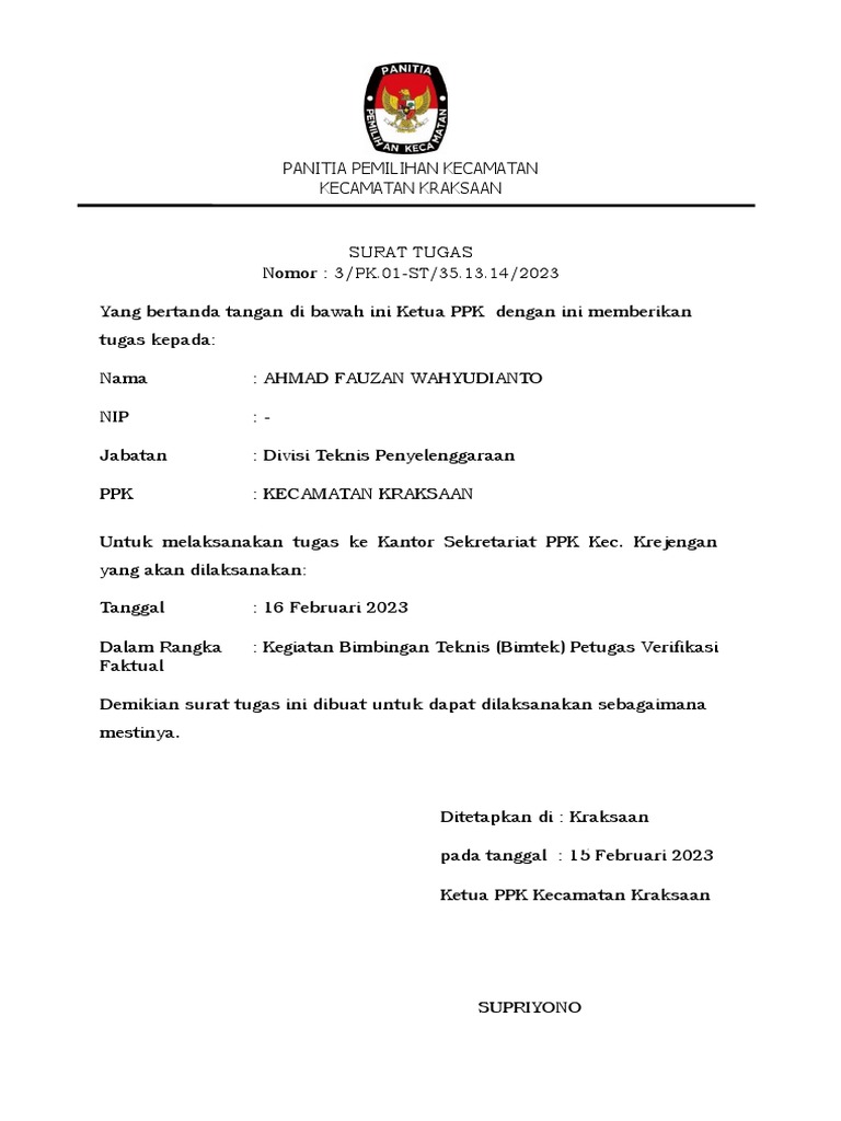 SURAT TUGAS PPK - Contoh | PDF