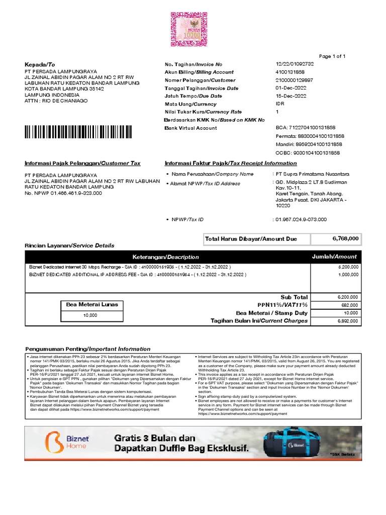 Tagihan Biznet Desember 2022 | PDF