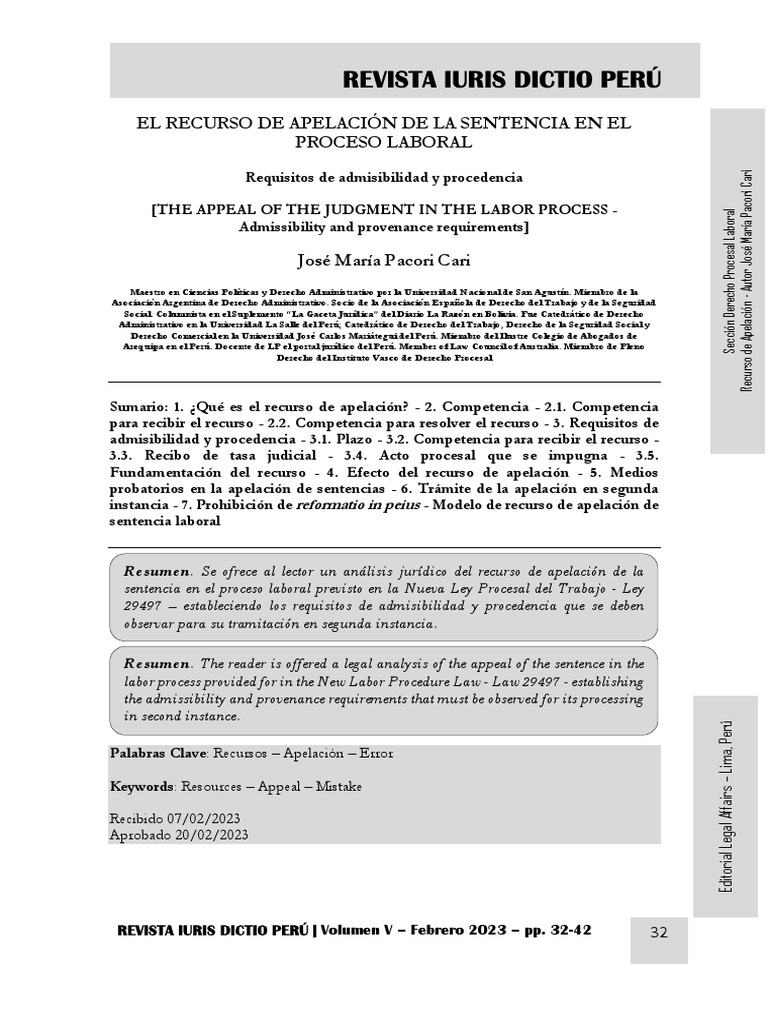 El Recurso de Apelación de La Sentencia en El Proceso Laboral - Autor ...