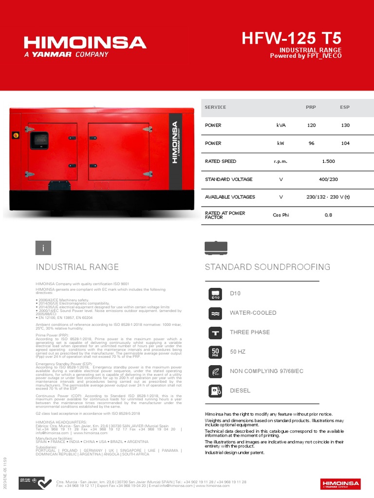Generator Set Data Sheet HFW 125 t5 Soundproof English | PDF | Mains ...