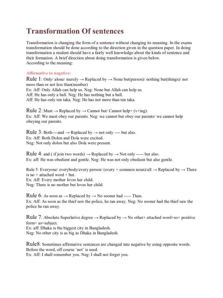 Transformation Rules for Changing Sentence Structures | PDF | Clause ...