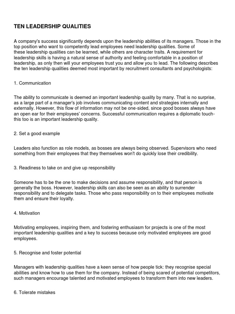 Ten Leadership Qualities | PDF | Leadership | Social Psychology
