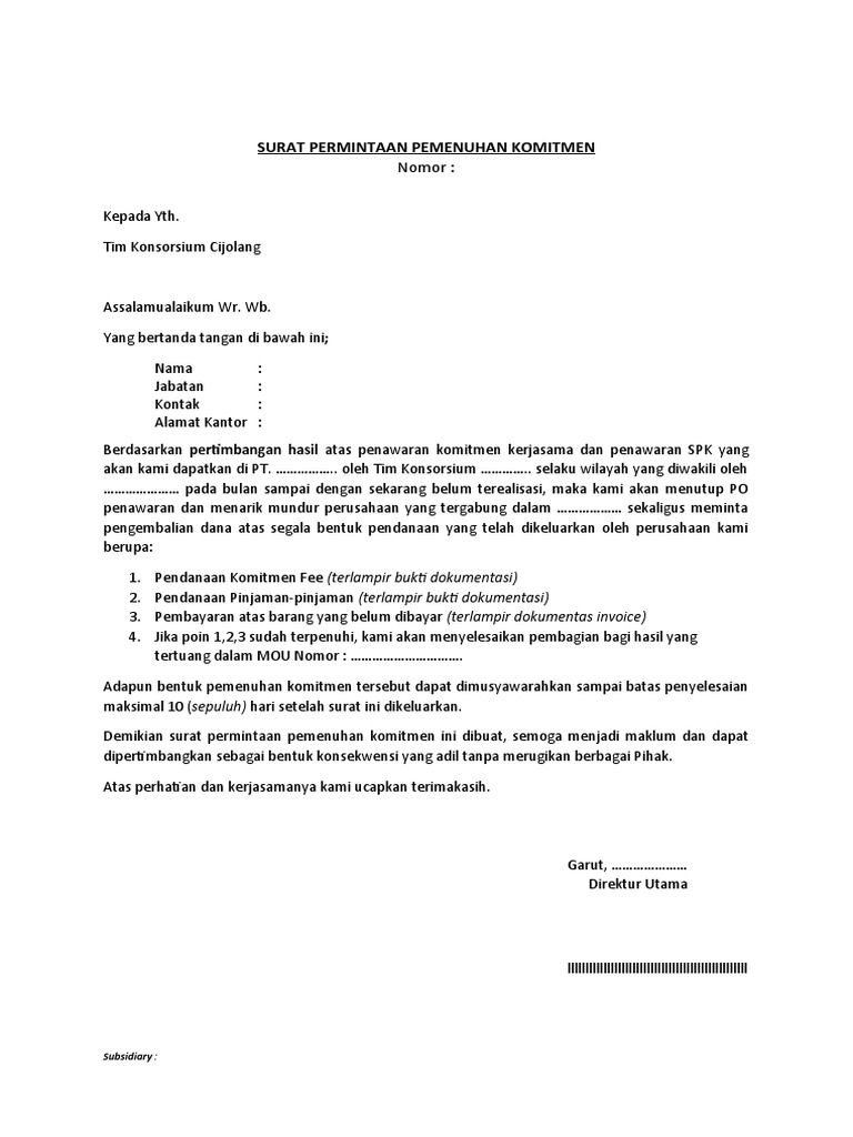 Contoh Surat Permintaan Pemenuhan Komitmen | PDF