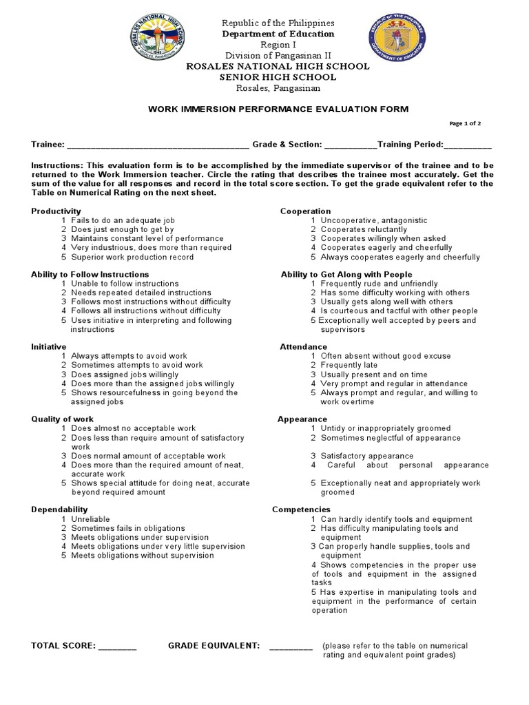 Work Immersion Evaluation Form | PDF | Career & Growth