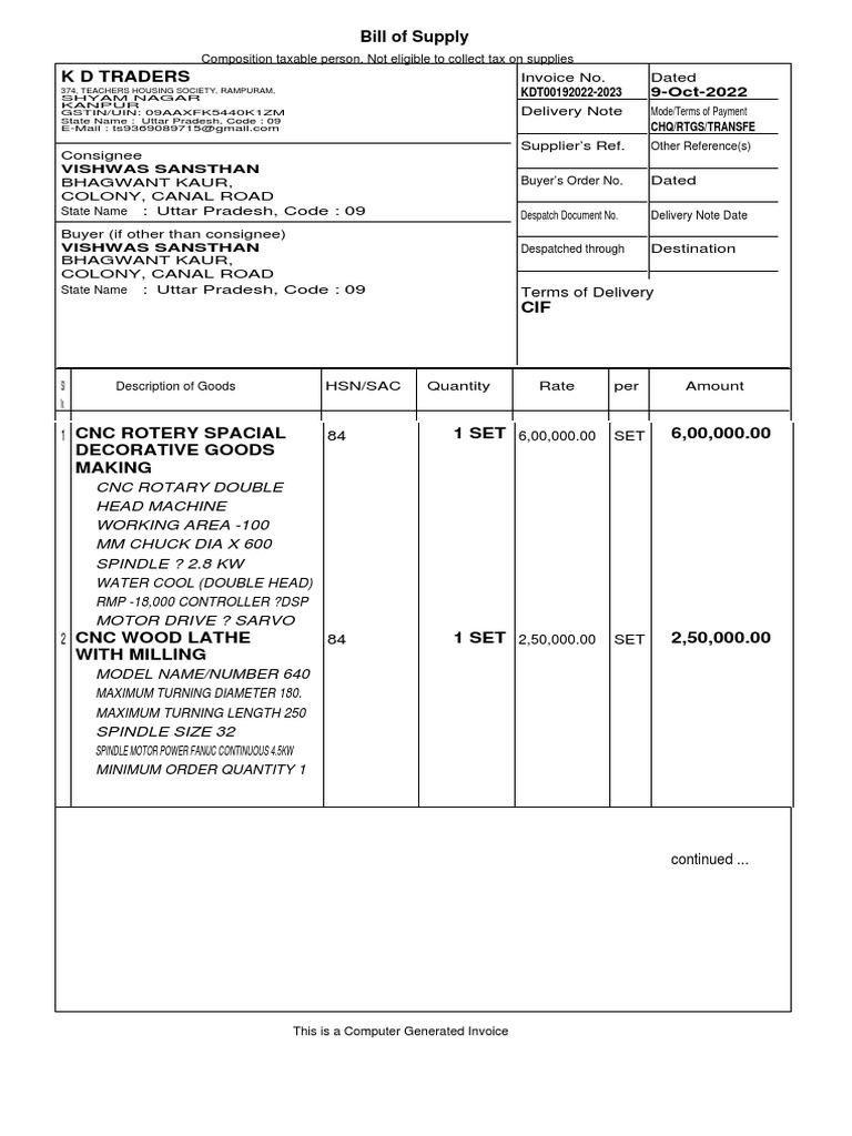 1 CNC Rotery Spacial: Terms of Delivery | PDF | Invoice