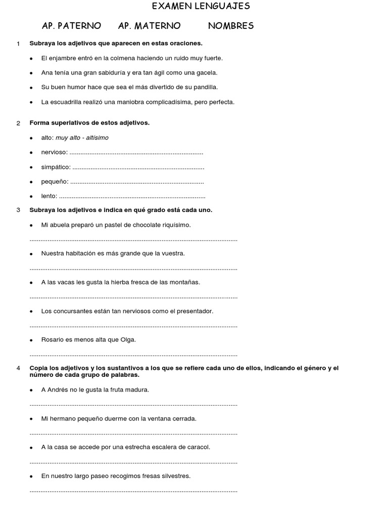 Examen Lenguaje | PDF | Adjetivo