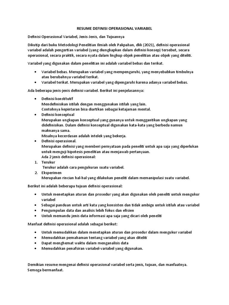 Definisi Operasional Variabel Penelitian | PDF