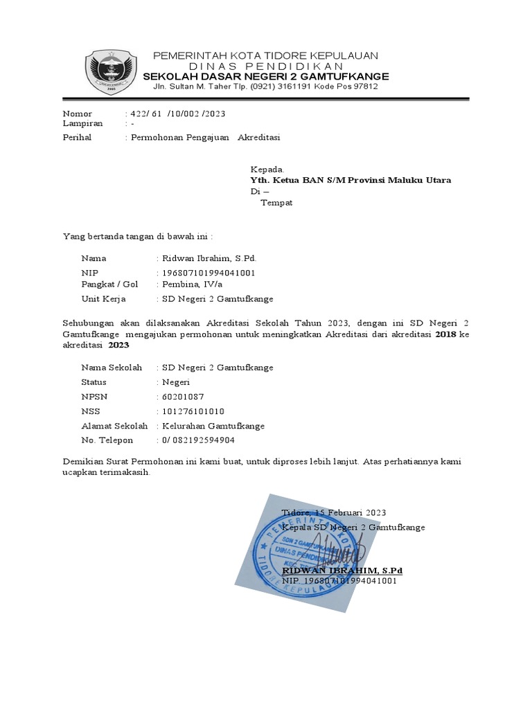 SURAT AJUAN FORMAL AKREDITASI SEKOLAH - WWW - Kherysuryawan.id | PDF