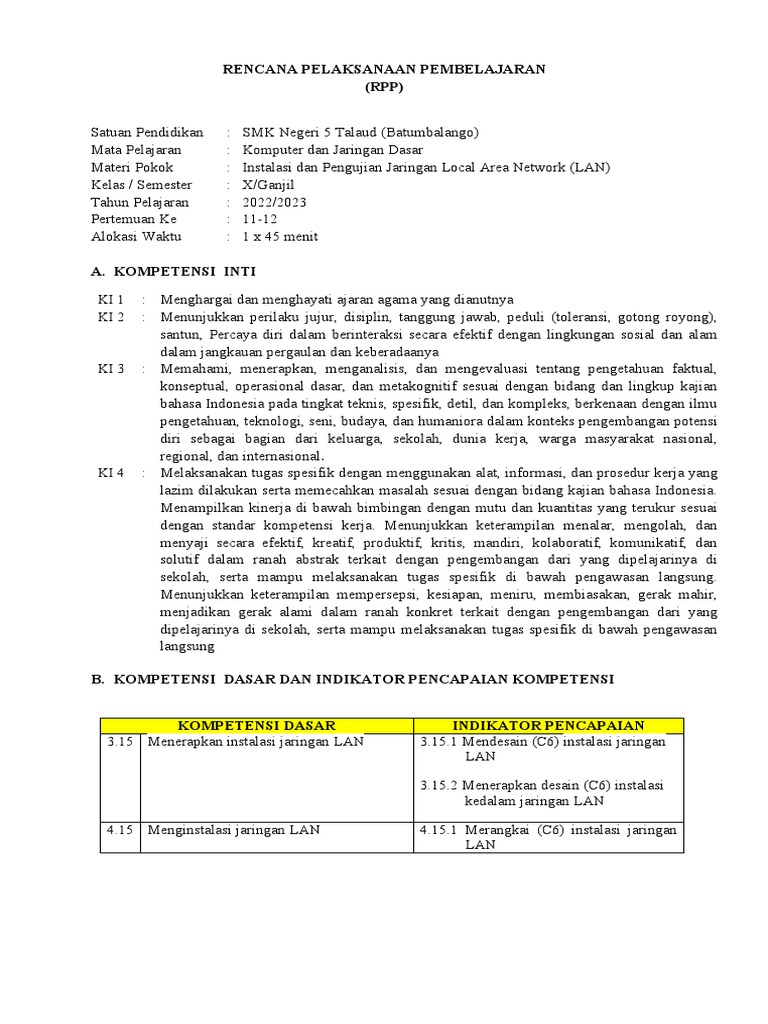 03 RPP PJBL - Instalasi Dan Pengujian Jaringan LAN | PDF