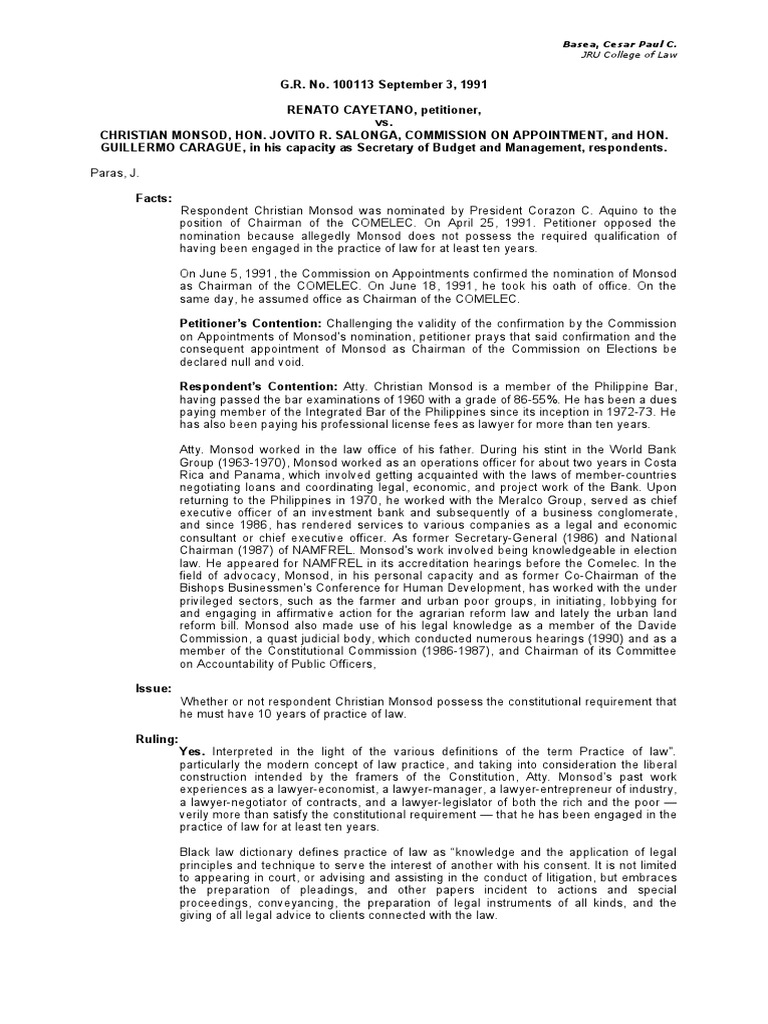 tHE pRACTICE OF lAW Cayetano VS Monsod | PDF | Lawyer | Commission On ...