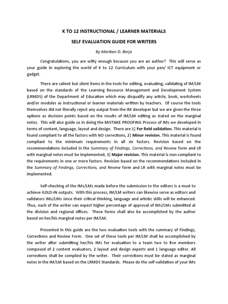IM Self Evaluation Guide | PDF | Book Design | Learning