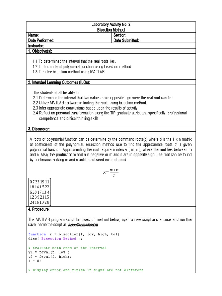 Laboratory Activity 2 Bisection Method Pdf Mathematical Analysis Mathematics