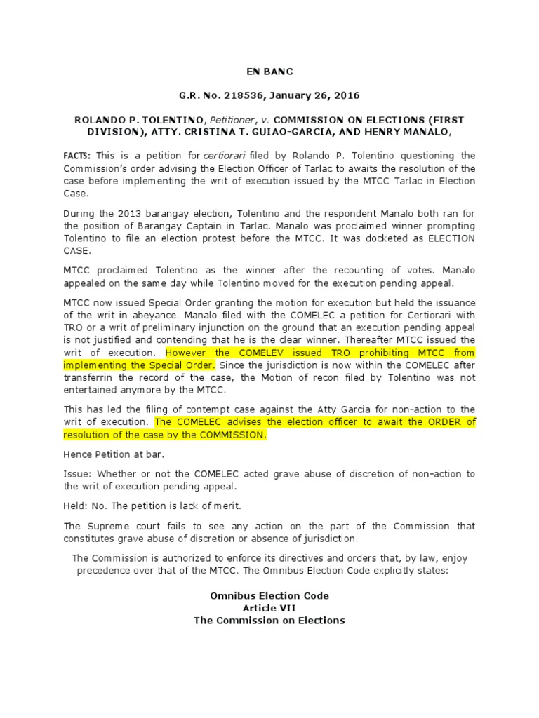 Case Digest - Tolentino vs. Comelec | PDF | Jurisdiction | Appeal