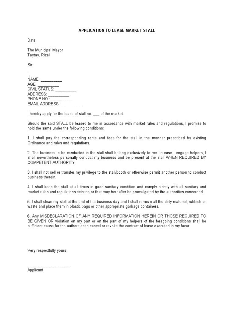 Application To Lease Market Stall | PDF
