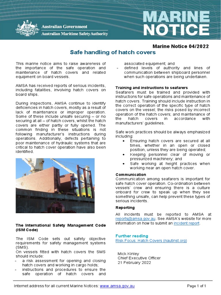Marine Notice 04 2022 Safe Hatch Handling | PDF | Sailor | Risk