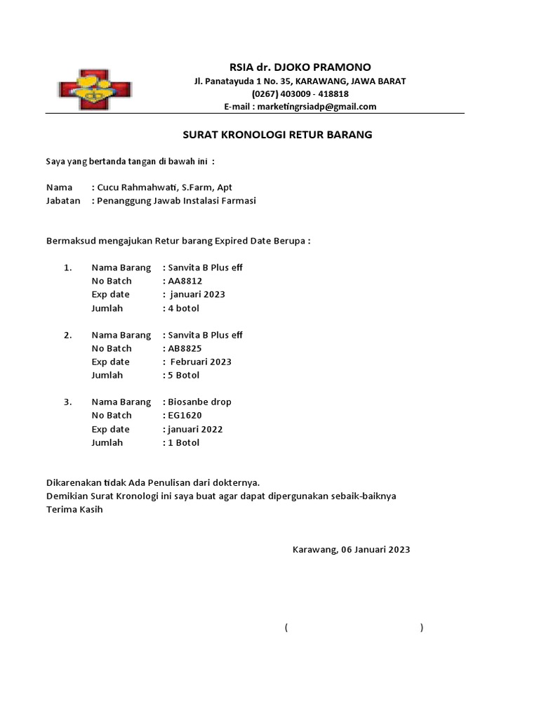 Surat Kronologi Retur Obat | PDF